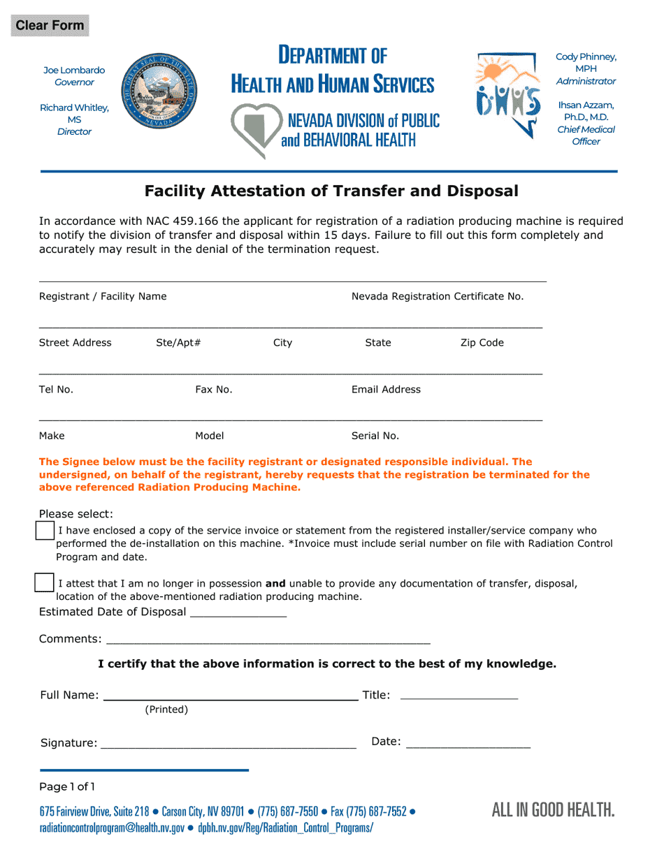 Nevada Facility Attestation of Transfer and Disposal - Fill Out, Sign ...