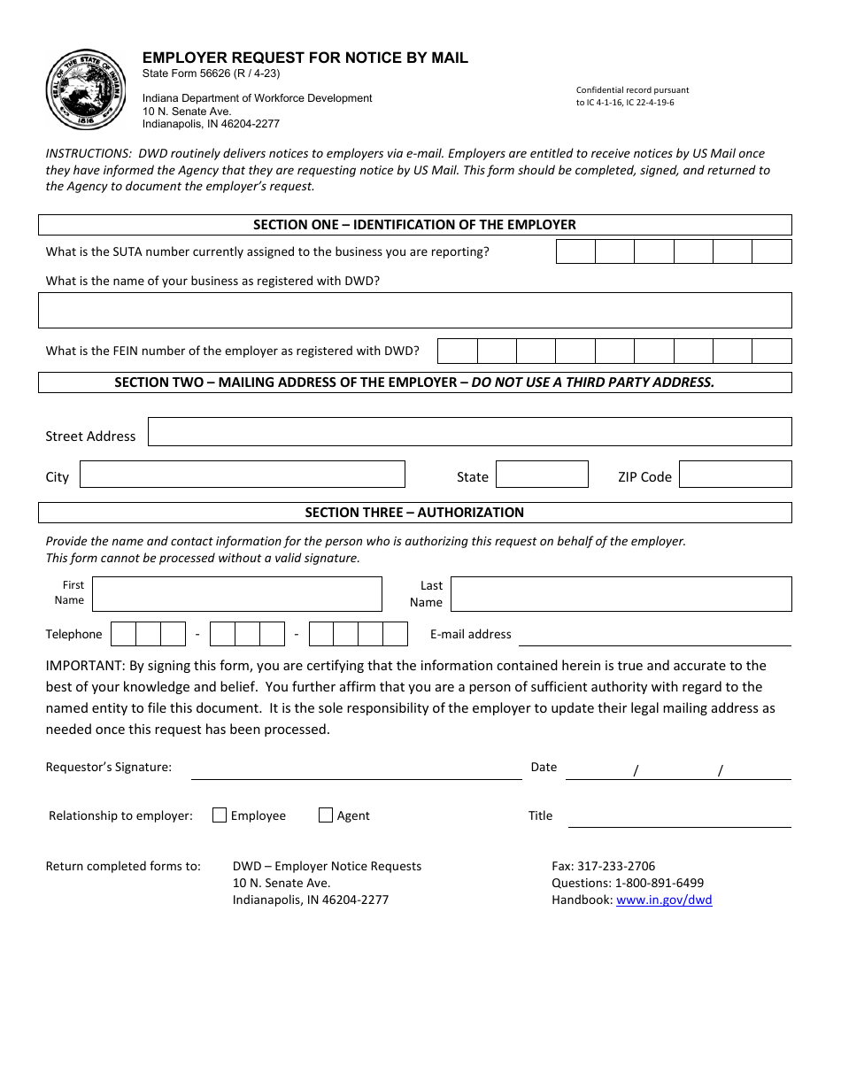 State Form 56626 Download Printable PDF or Fill Online Employer Request ...