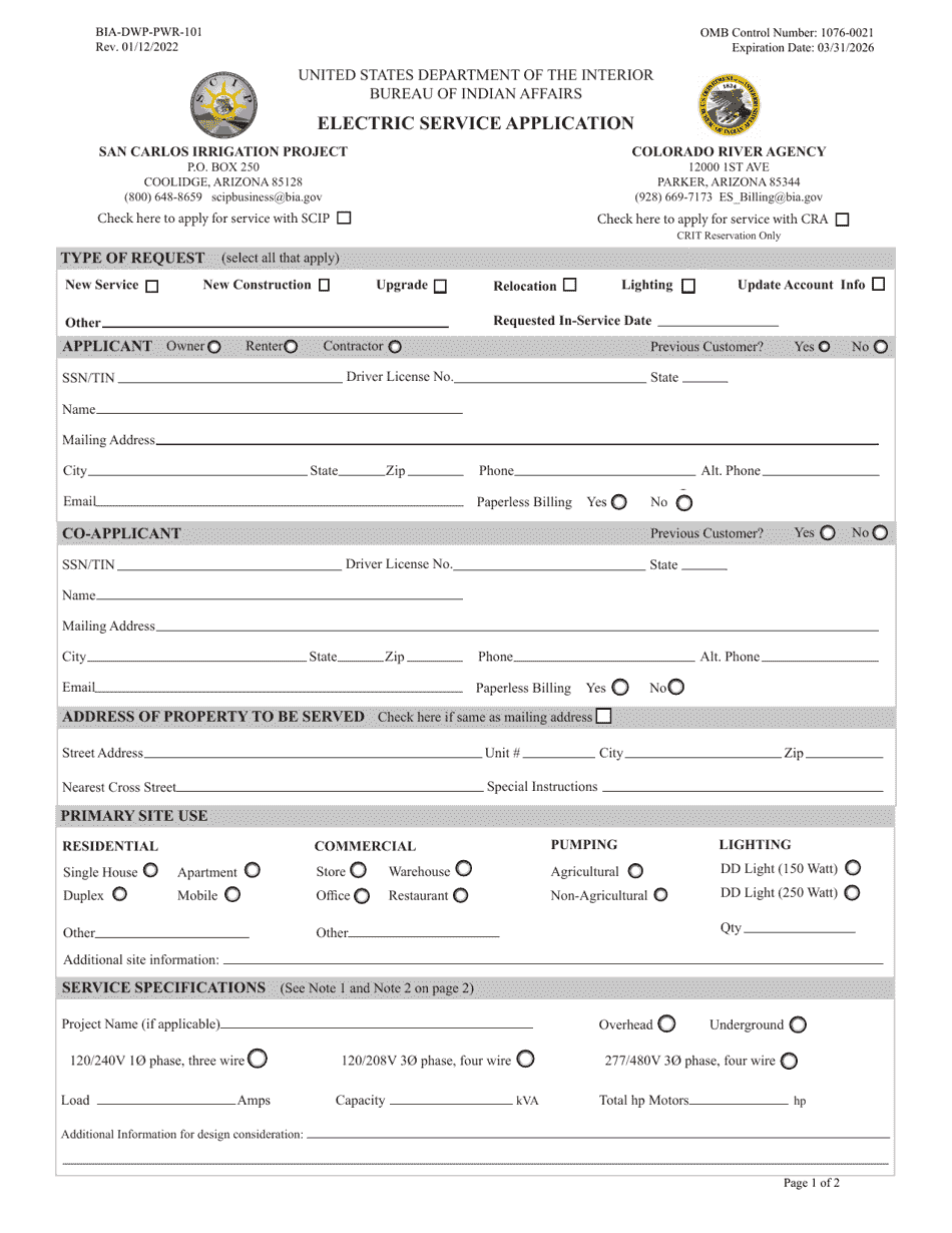 Form BIA-DWP-Pwr-101 Download Fillable PDF or Fill Online Electric ...