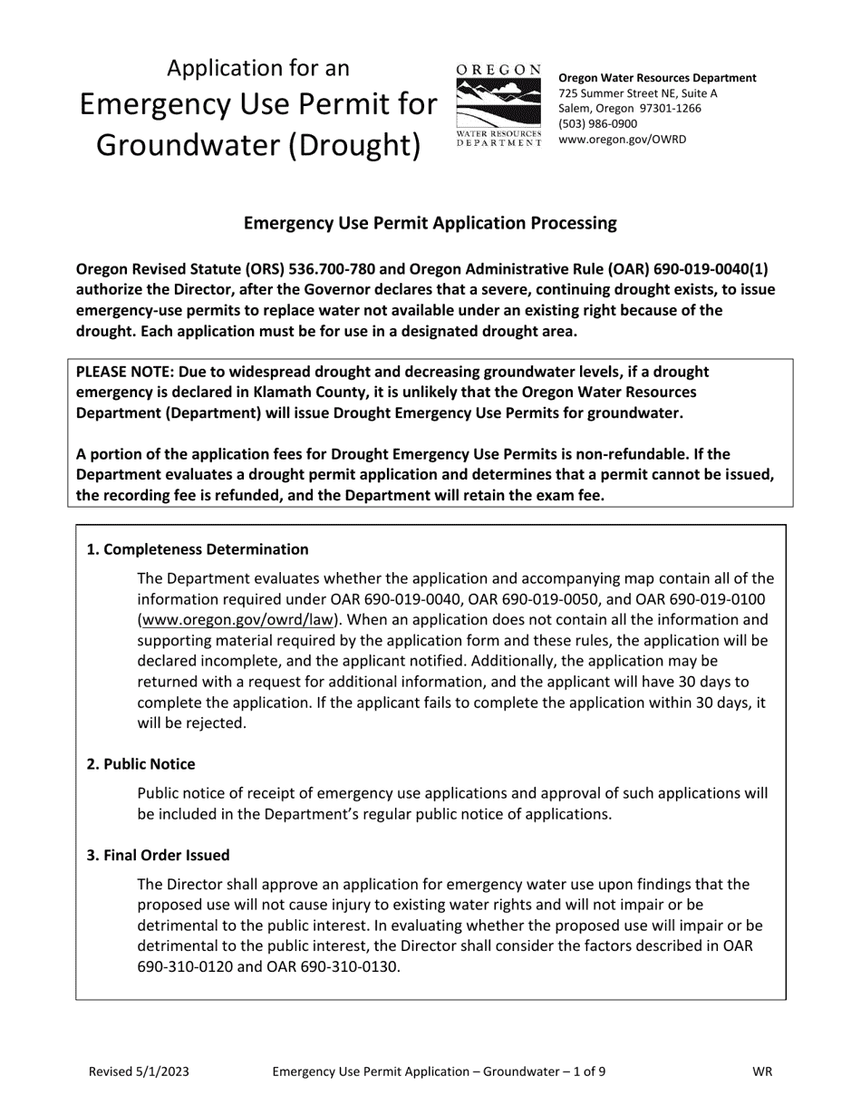 Oregon Application for an Emergency Use Permit for Groundwater (Drought ...