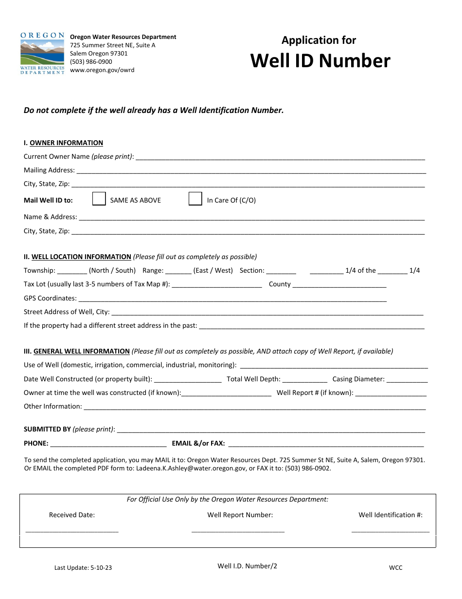 Oregon Application for Well Id Number Download Fillable PDF ...