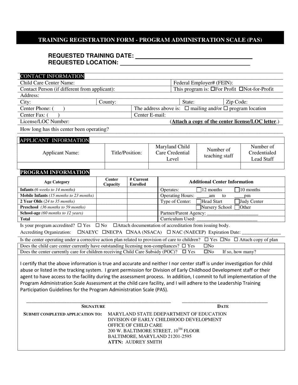 Maryland Training Registration Form Program Administration Scale Pas