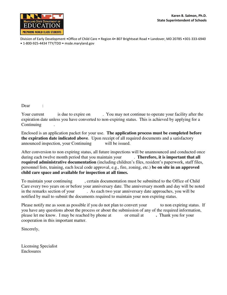 Maryland Universal Conversion From Initial to Continuing Cover Letter ...