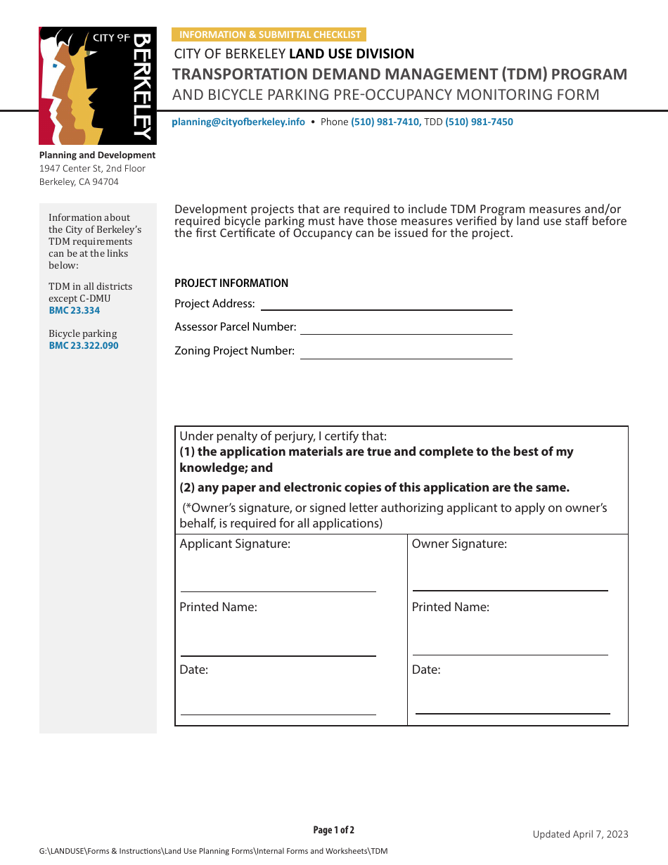 City of Berkeley, California Transportation Demand Management (Tdm ...