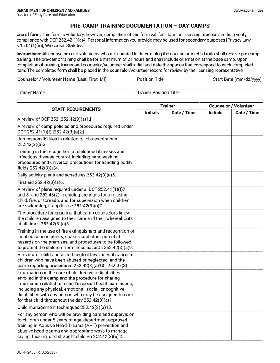 Form DCF-F-2405 Download Printable PDF or Fill Online Pre-camp Training ...