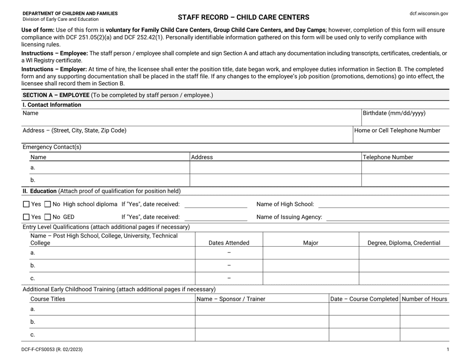 Form DCF-F-CFS0053 Download Printable PDF or Fill Online Staff Record ...