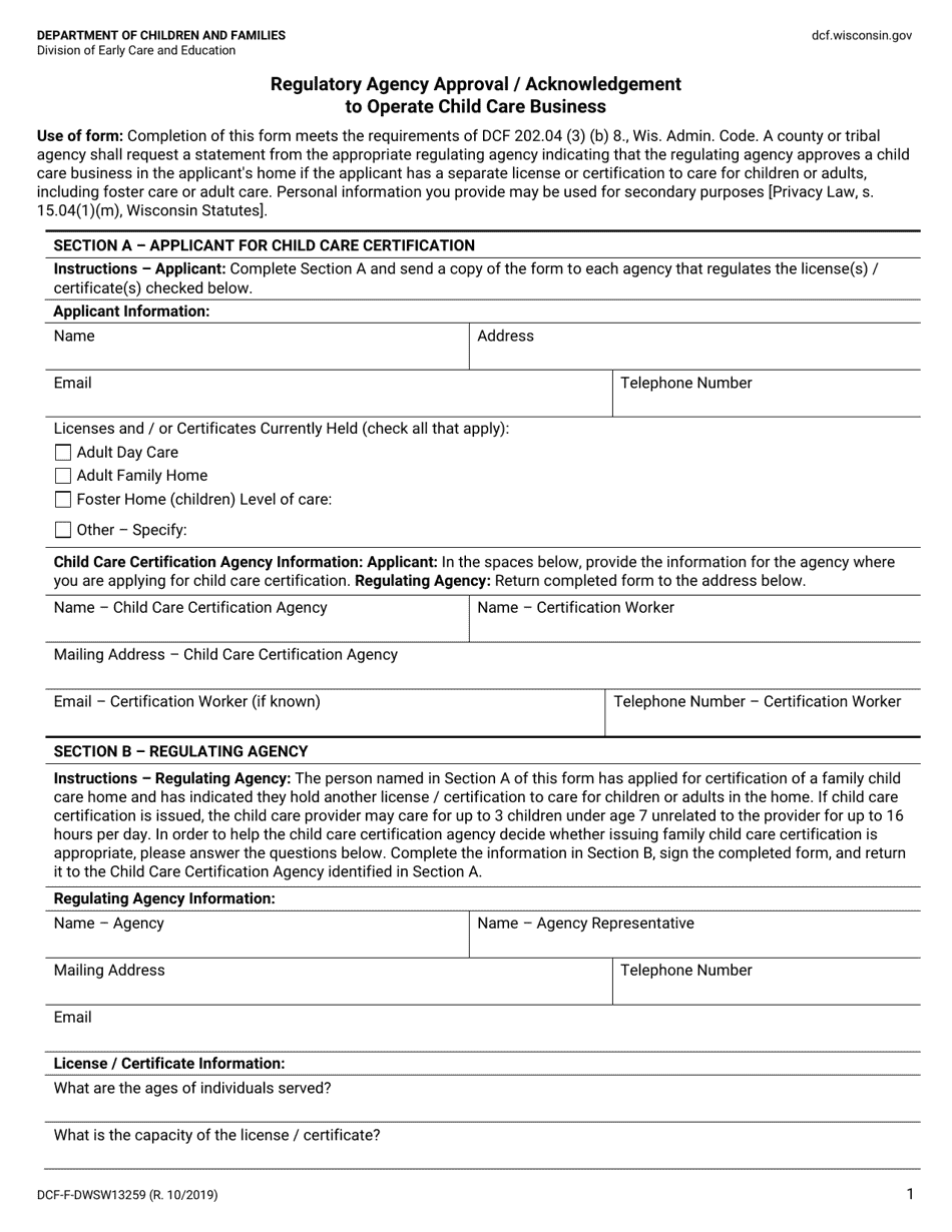 Form DCF-F-DWSW13259 - Fill Out, Sign Online and Download Printable PDF ...