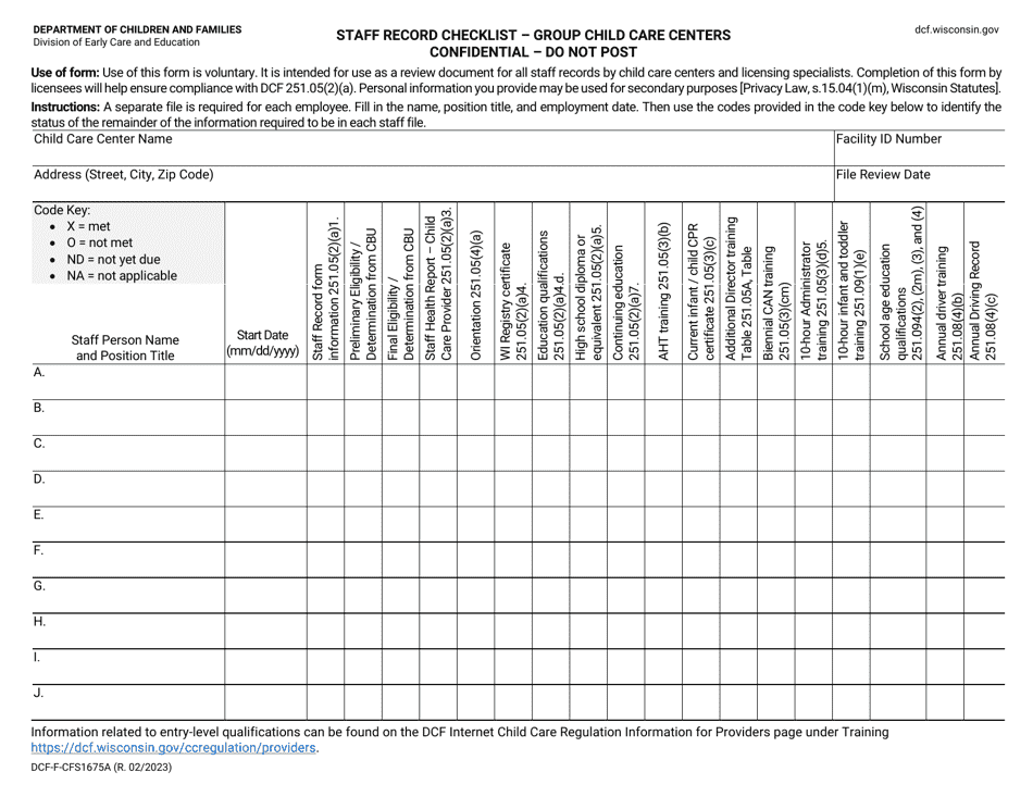 Form DCF-F-CFS1675A - Fill Out, Sign Online and Download Printable PDF ...