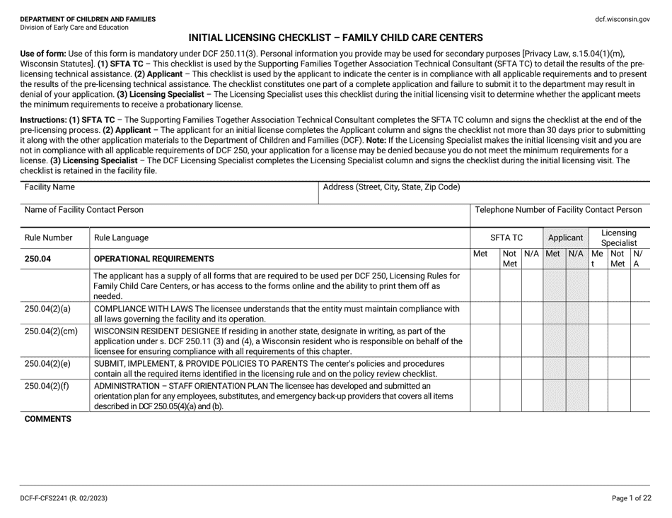 Form DCF-F-CFS2241 - Fill Out, Sign Online and Download Printable PDF ...