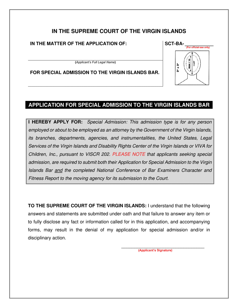 Virgin Islands Application for Special Admission to the Virgin Islands ...