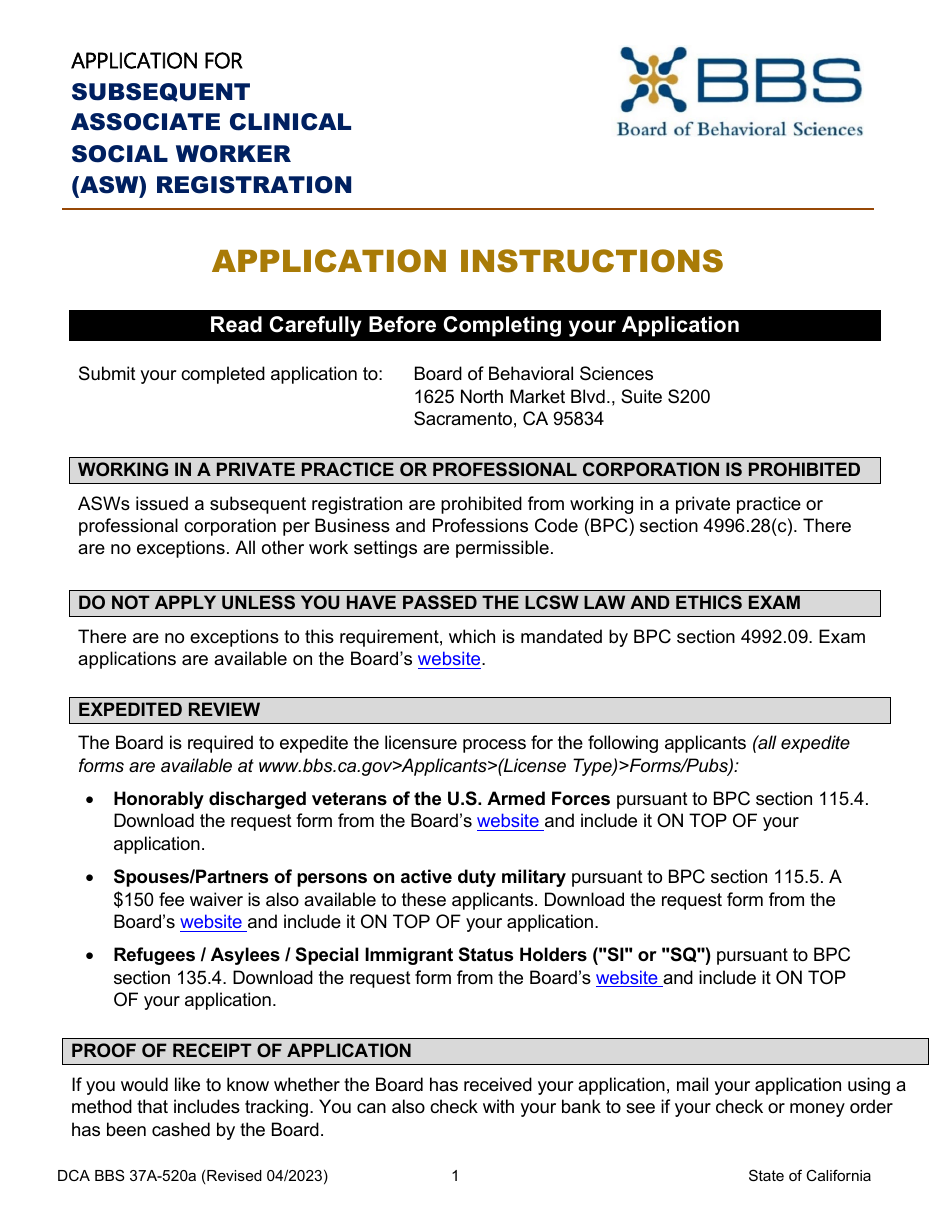 Form DCA BBS37A-520A - Fill Out, Sign Online and Download Fillable PDF ...