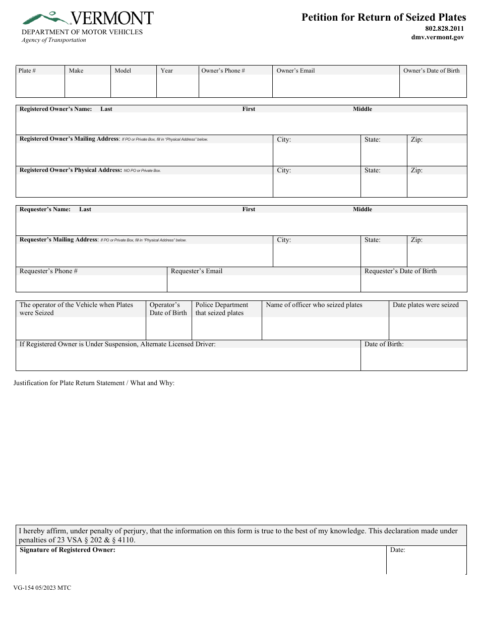 Form VG-154 - Fill Out, Sign Online and Download Fillable PDF, Vermont ...