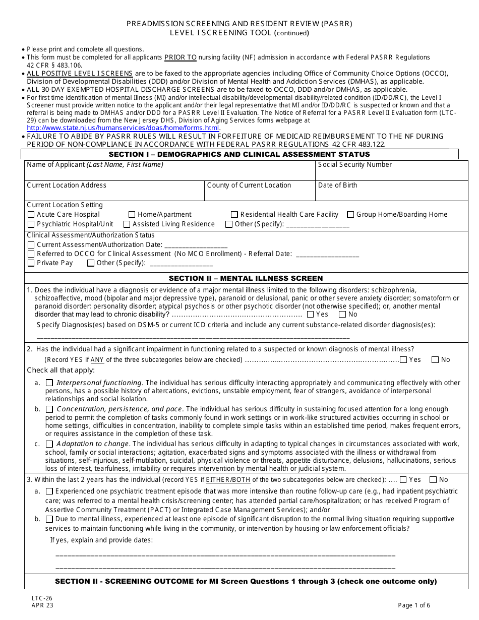 Form LTC-26 Download Printable PDF or Fill Online Preadmission ...