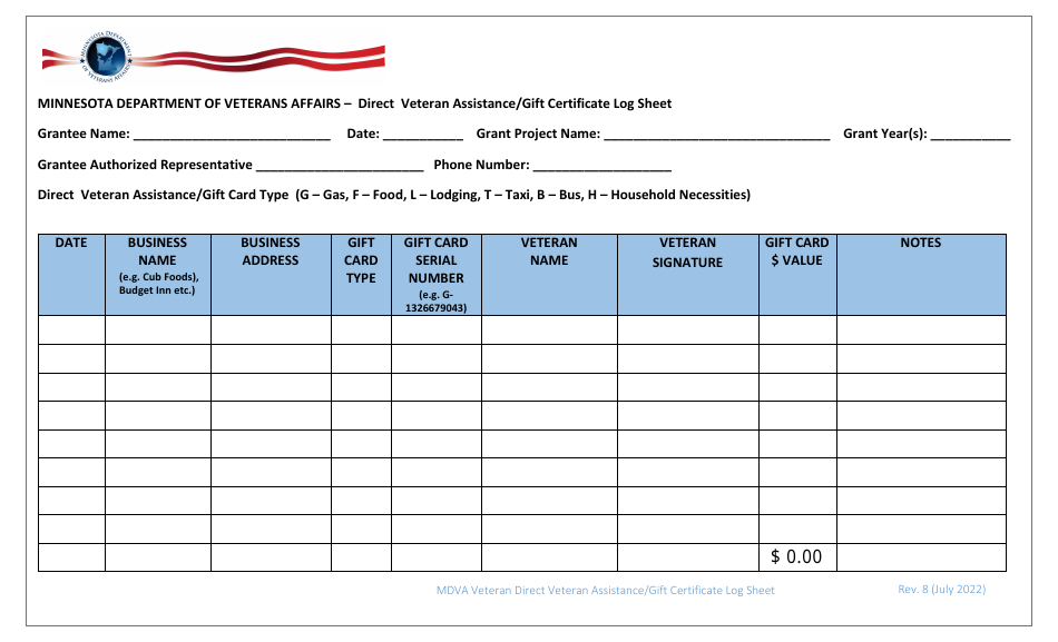 Minnesota Direct Veteran Assistance/Gift Certificate Log Sheet - Fill ...