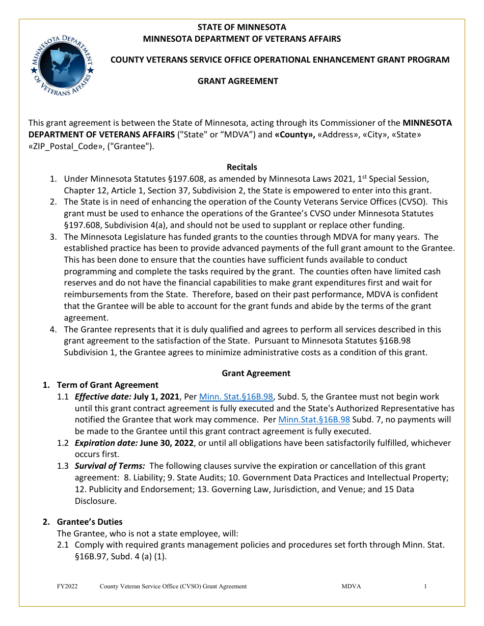 2022 Minnesota Grant Agreement (Mn Counties Only) - County Veterans ...