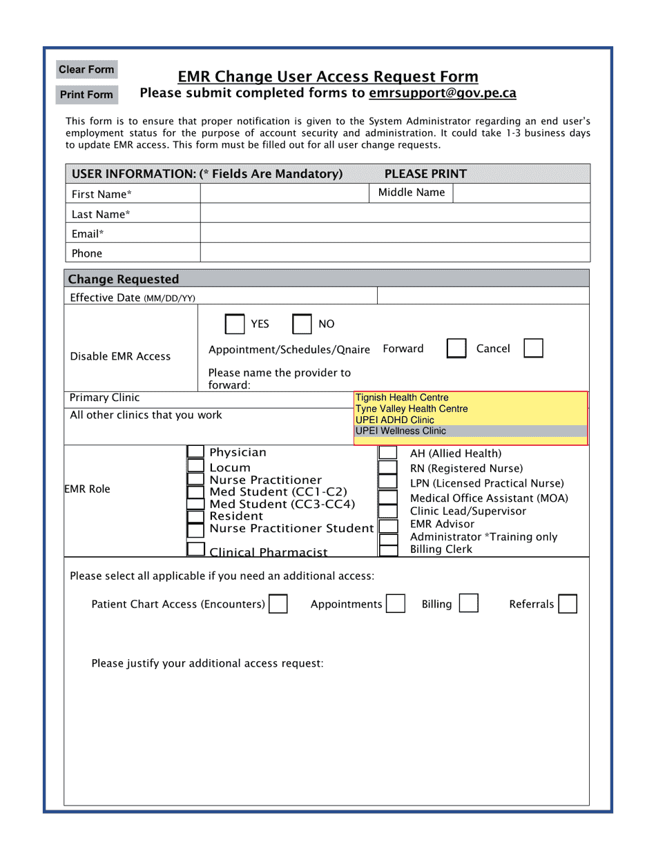 Prince Edward Island Canada Emr Change User Access Request Form ...