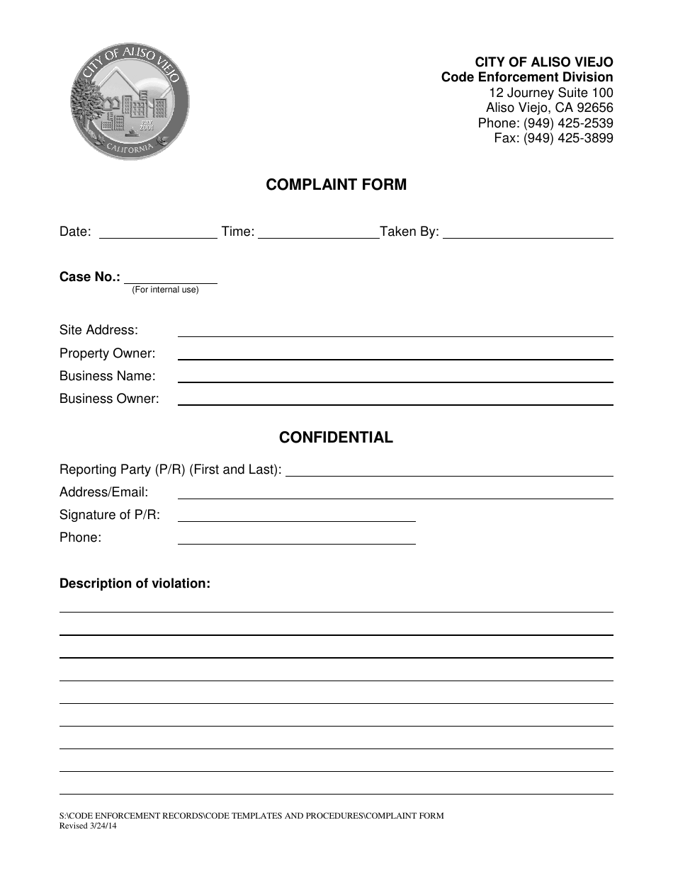 City of Aliso Viejo, California Complaint Form - Fill Out, Sign Online ...