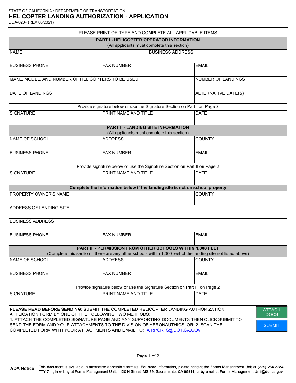 Form DOA-0204 Download Fillable PDF or Fill Online Helicopter Landing ...