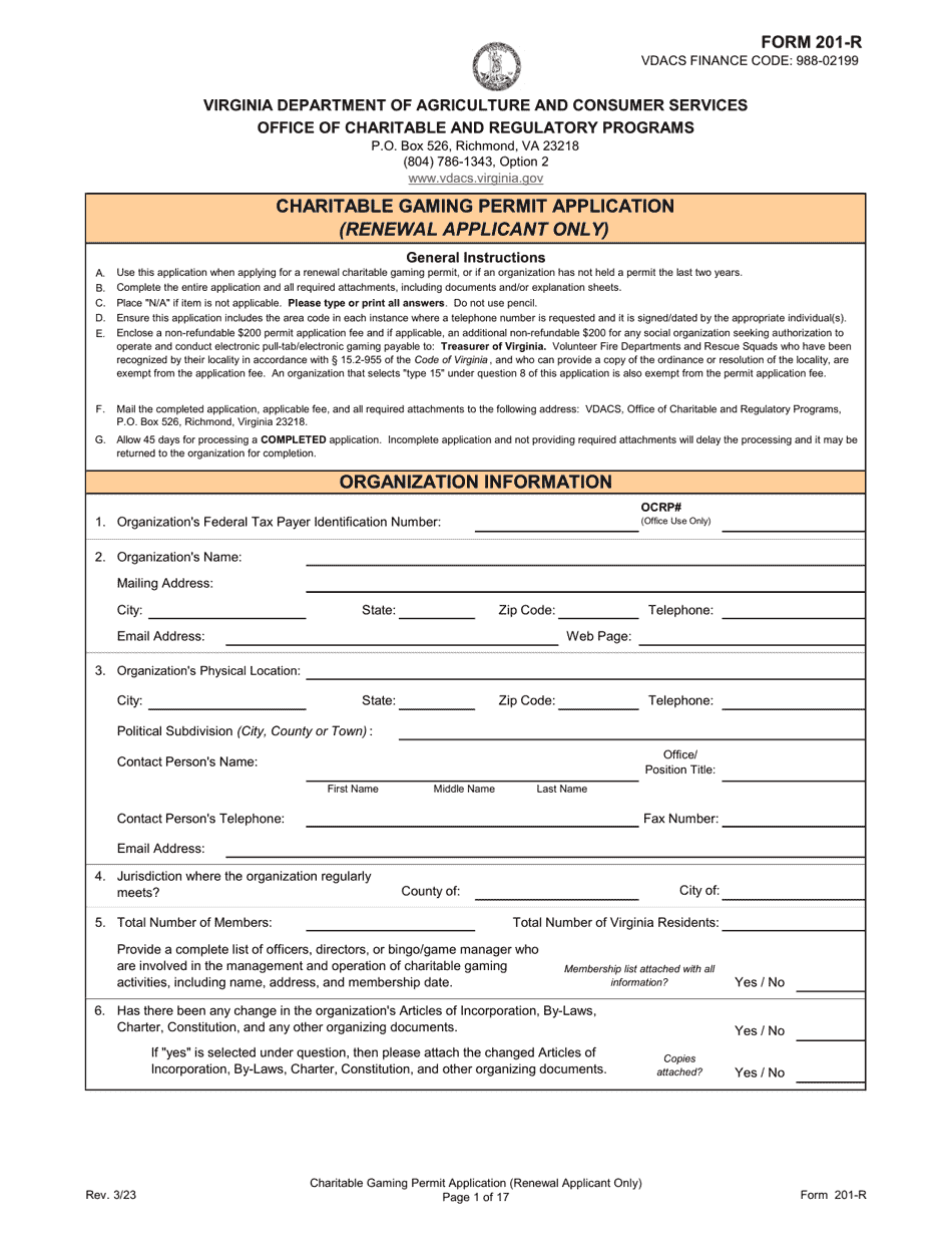 Form 201-R Download Printable PDF or Fill Online Charitable Gaming ...