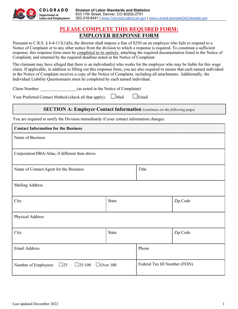 Colorado Employer Response Form - Fill Out, Sign Online and Download ...