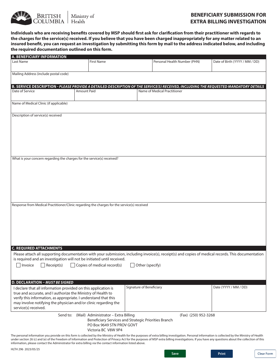 Form HLTH296 Download Fillable PDF or Fill Online Beneficiary ...