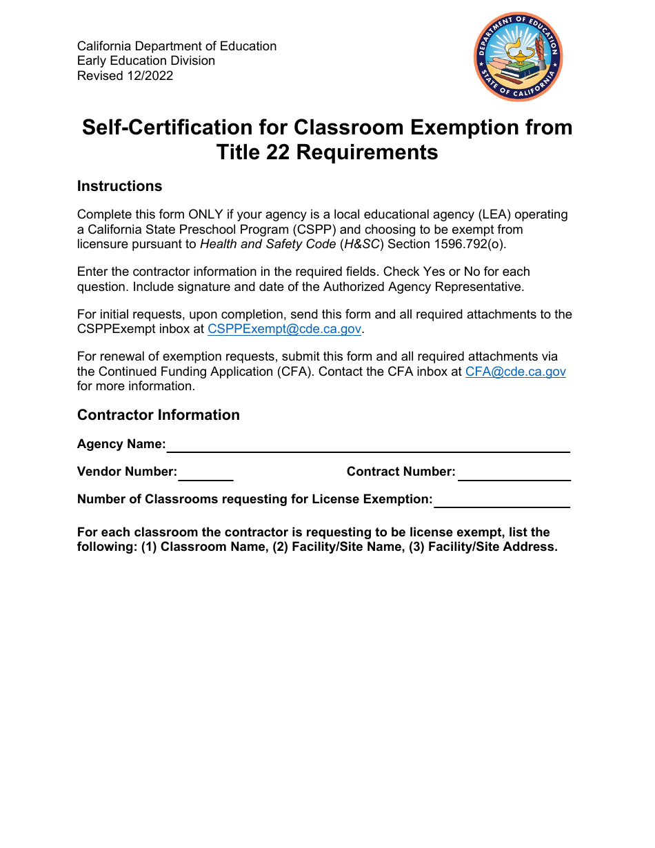 California Self-certification for Classroom Exemption From Title 22 ...