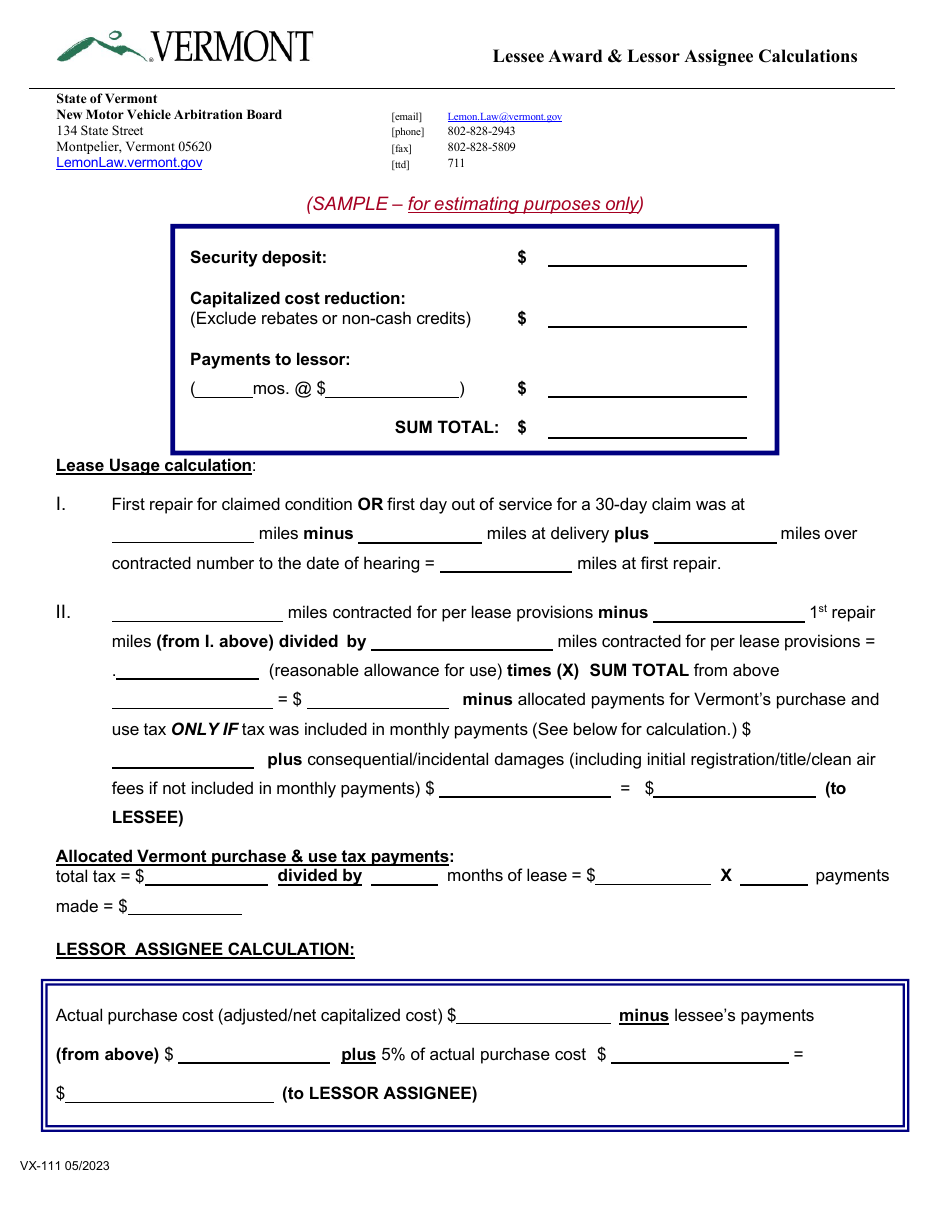 Form VX-111 - Fill Out, Sign Online and Download Fillable PDF, Vermont ...