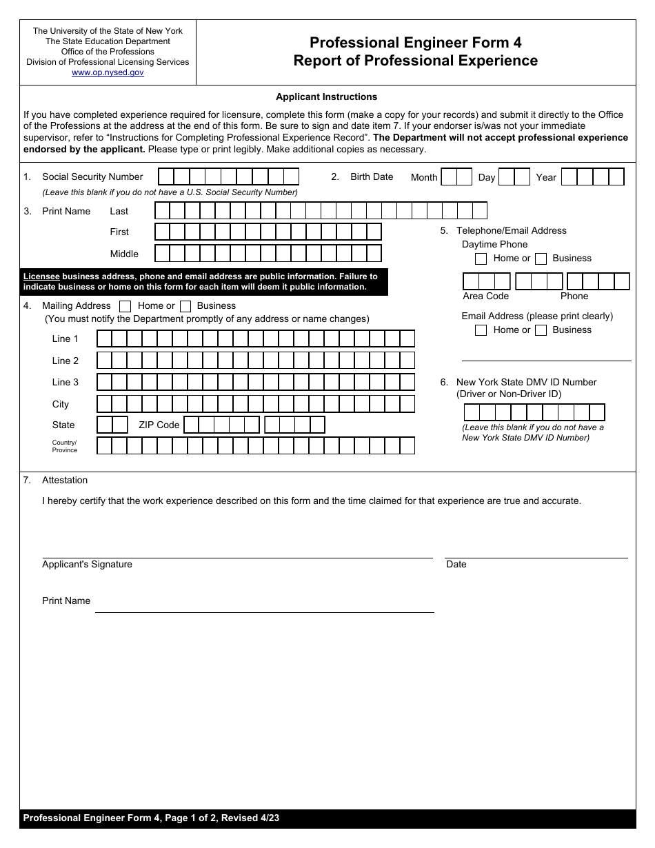 Professional Engineering Form 4 Download Fillable PDF or Fill Online ...