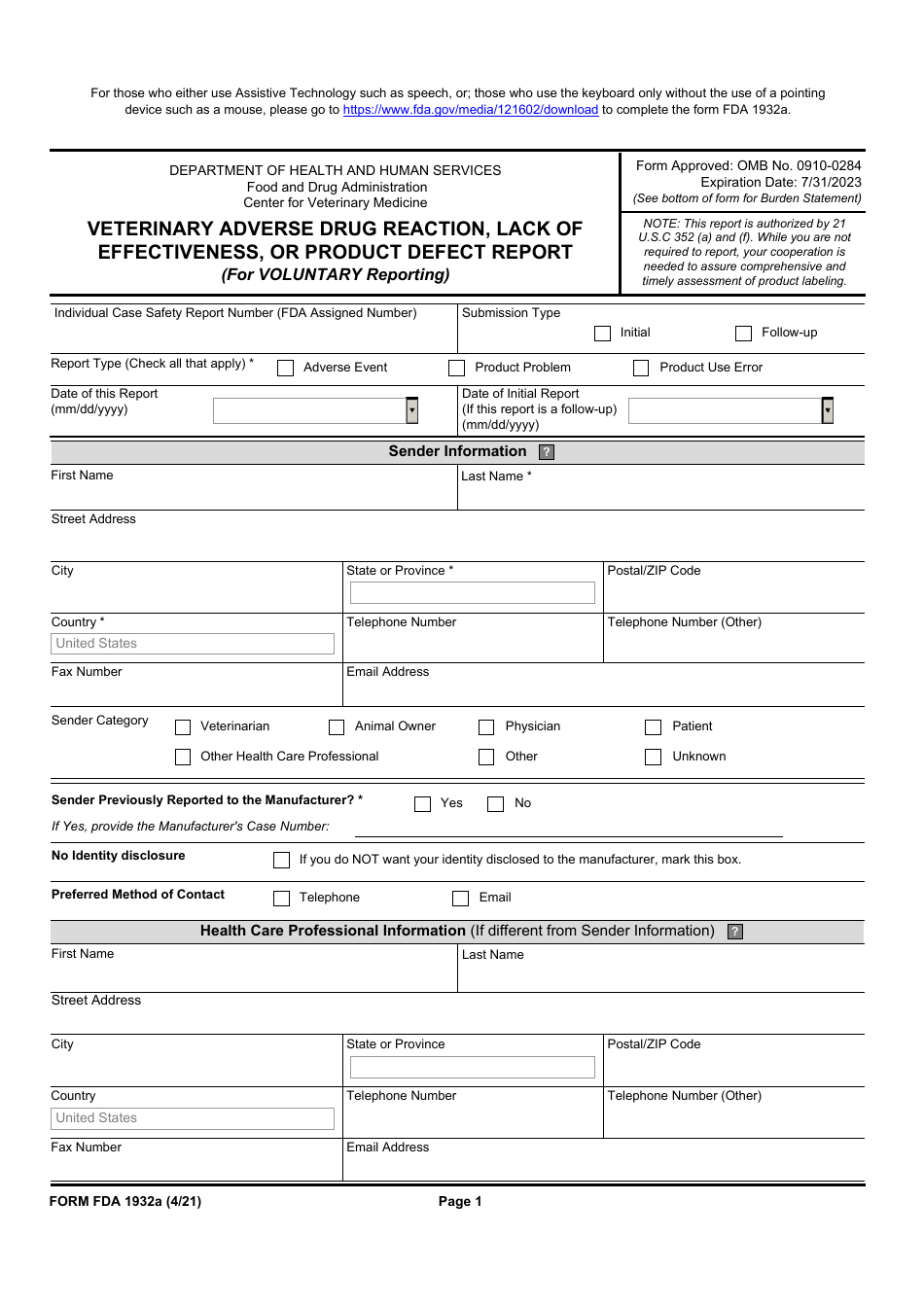 Form FDA1932A Download Fillable PDF or Fill Online Veterinary Adverse Drug Reaction, Lack of ...