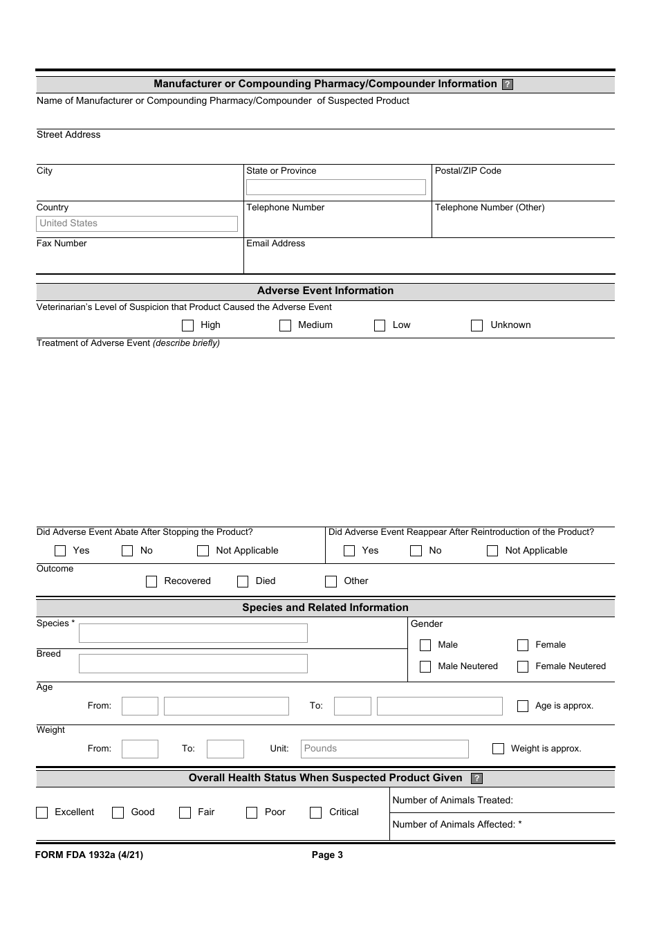 Form FDA1932A Download Fillable PDF or Fill Online Veterinary Adverse Drug Reaction, Lack of ...