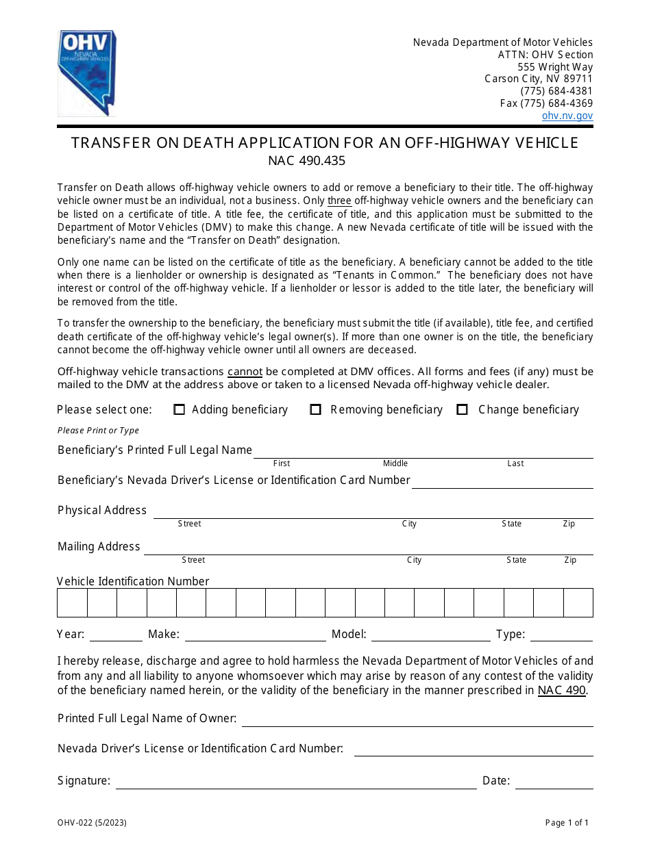 Form OHV-022 - Fill Out, Sign Online and Download Fillable PDF, Nevada ...