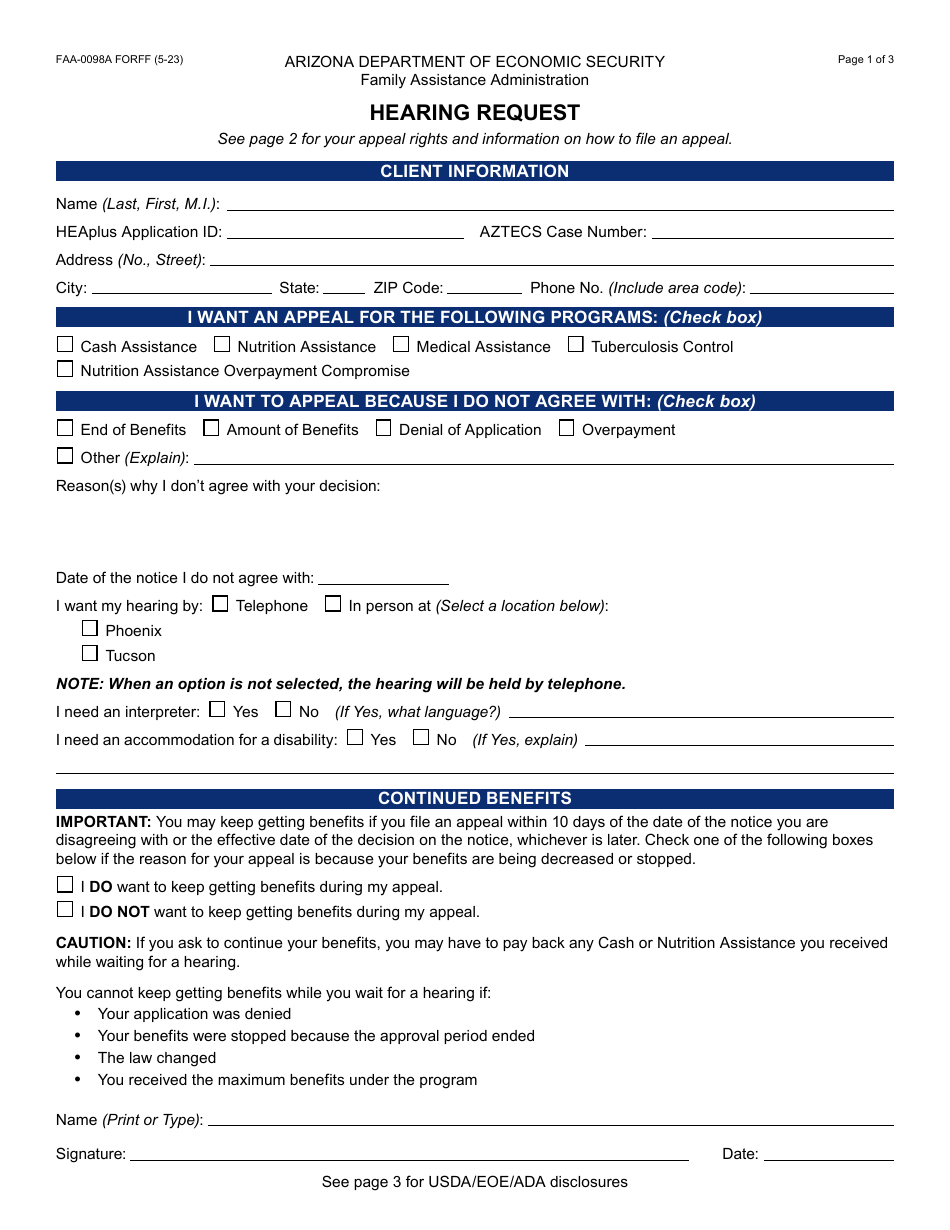 Form FAA-0098A Download Fillable PDF or Fill Online Hearing Request ...