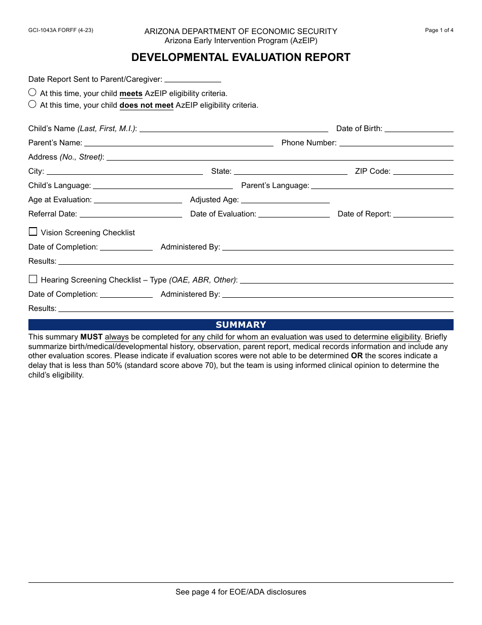 Form GCI-1043A Download Fillable PDF or Fill Online Developmental ...