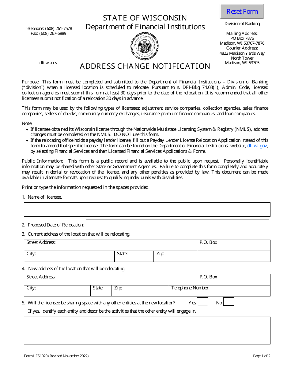 Form LFS1020 - Fill Out, Sign Online and Download Fillable PDF ...