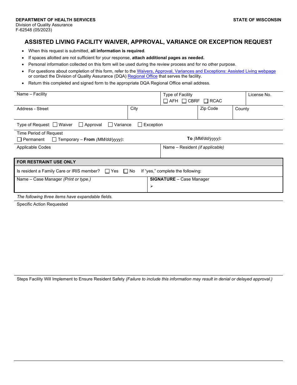 Form F-62548 Download Fillable PDF or Fill Online Assisted Living ...