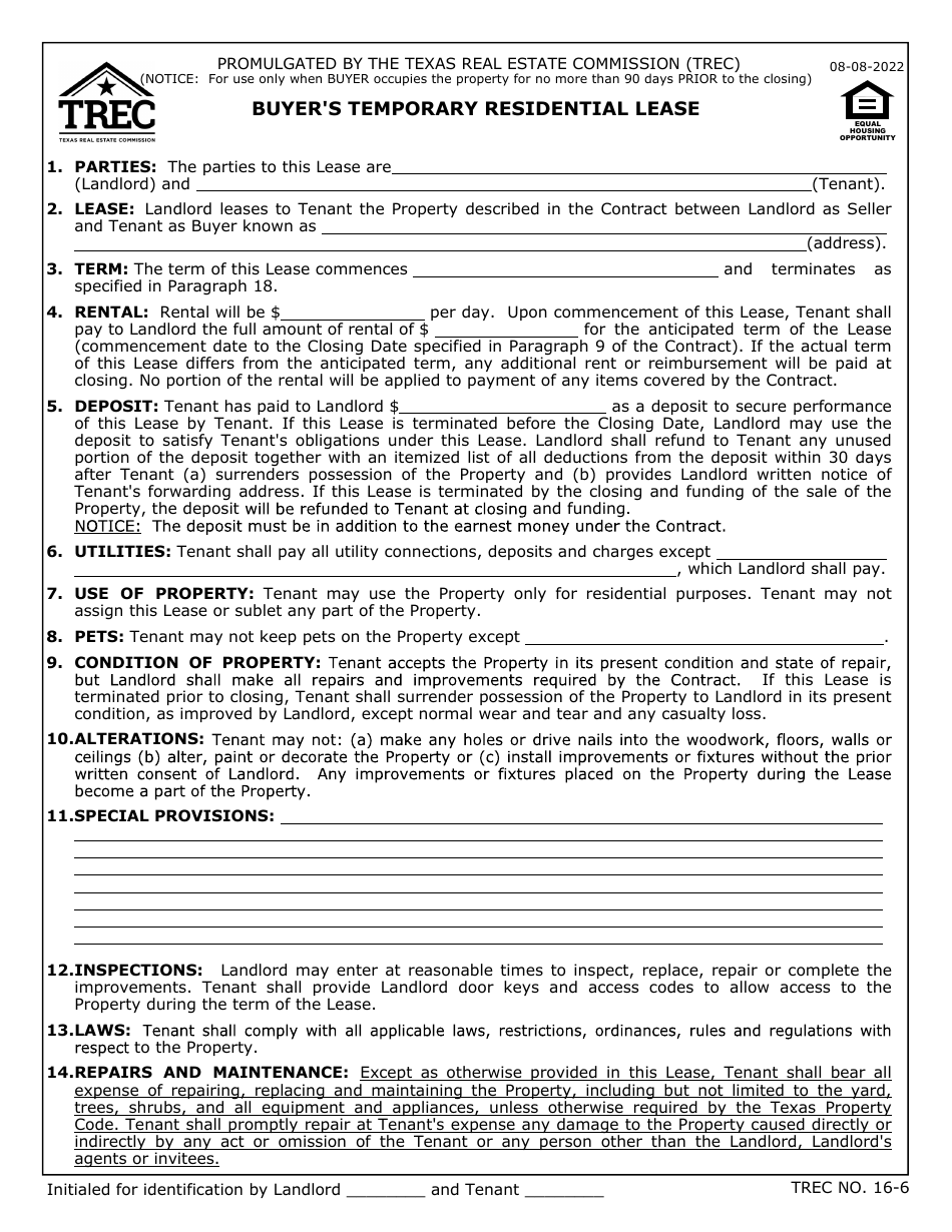 TREC Form 16-6 - Fill Out, Sign Online and Download Fillable PDF, Texas | Templateroller