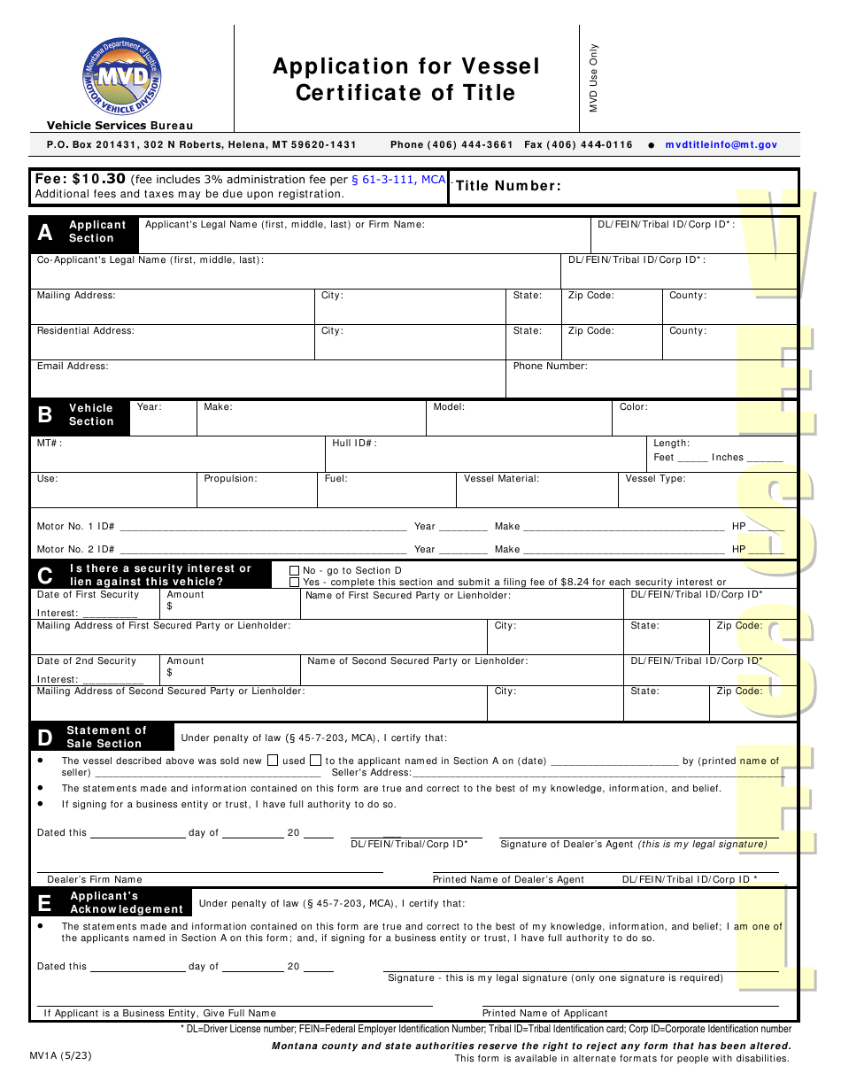 Form MV1A Download Fillable PDF or Fill Online Application for Vessel ...