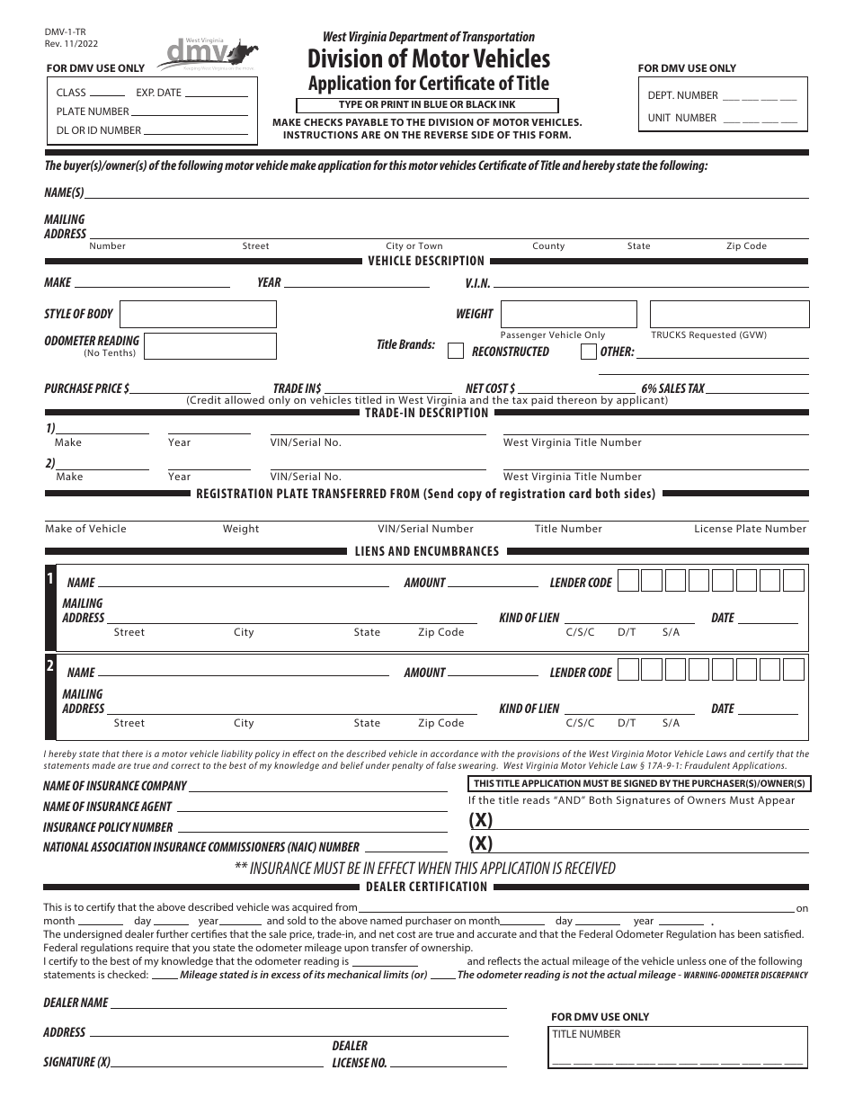 Form DMV-1-TR - Fill Out, Sign Online and Download Fillable PDF, West ...