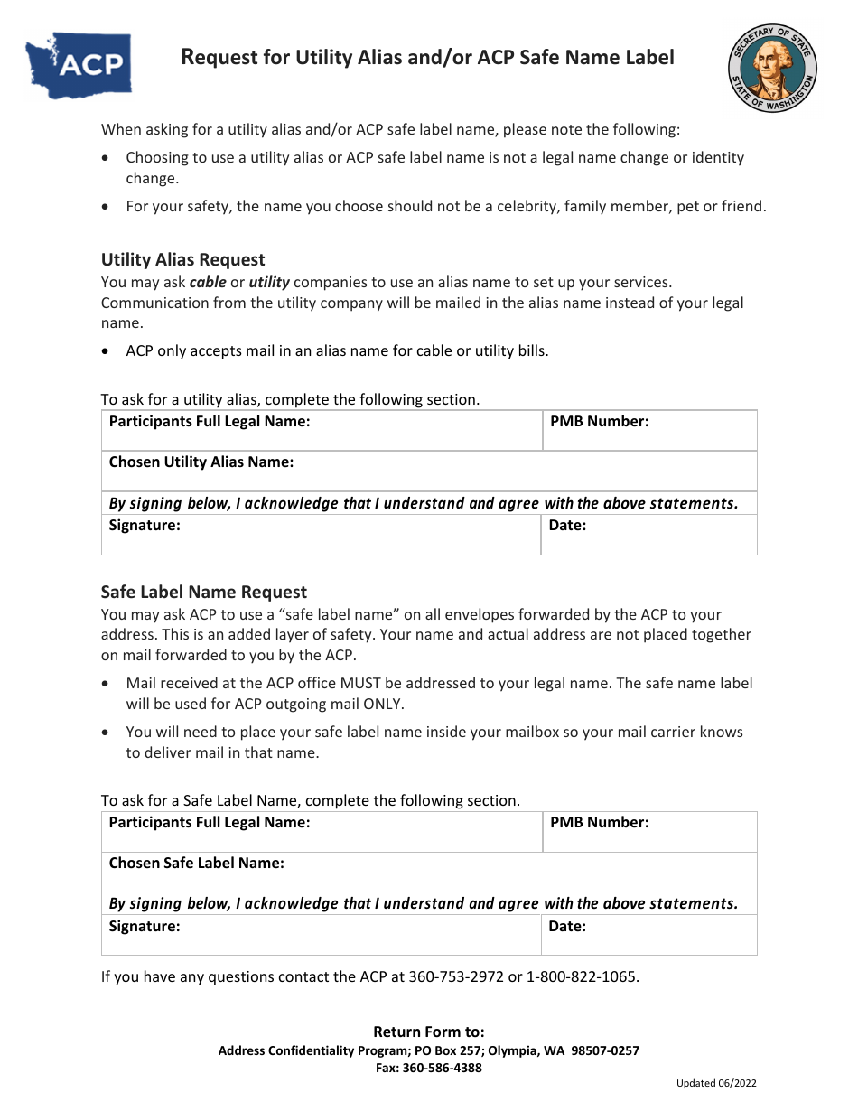 Washington Request for Utility Alias and/or Acp Safe Name Label - Fill ...