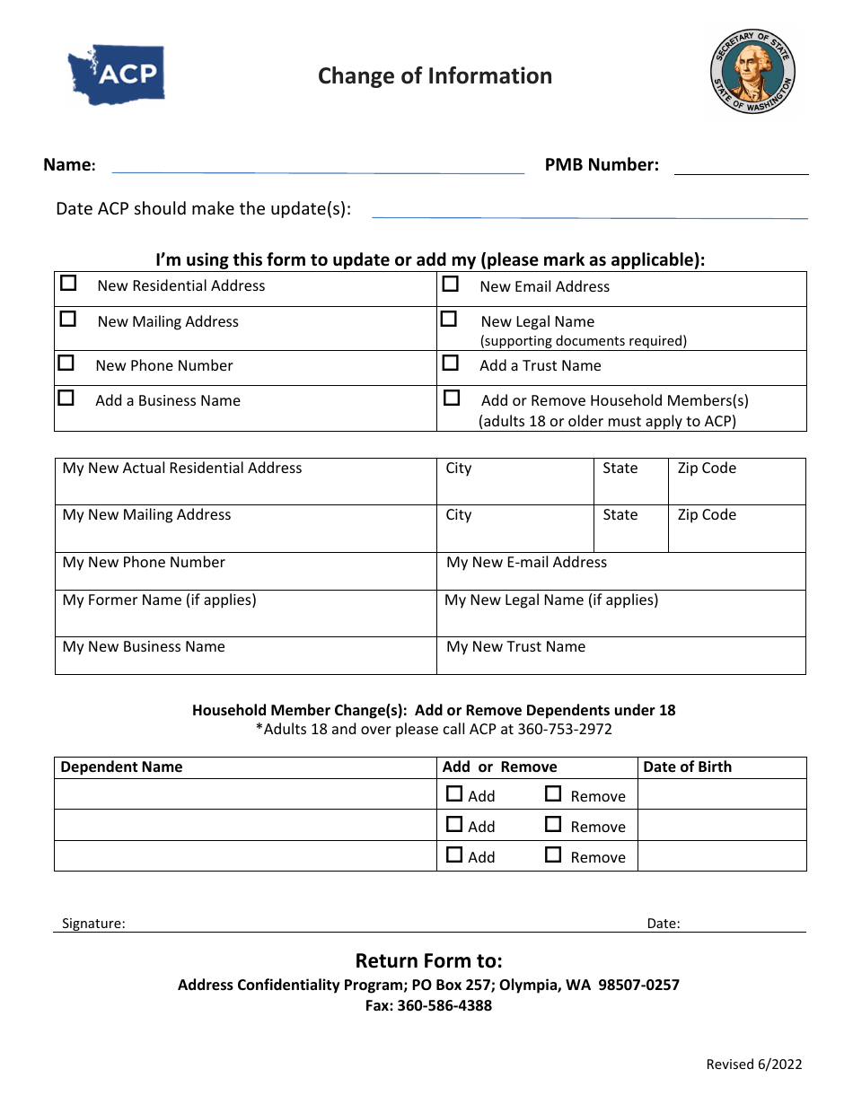 Washington Change of Information - Fill Out, Sign Online and Download ...