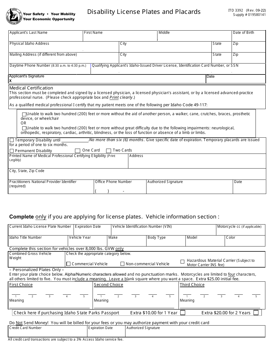 Form ITD3392 Download Fillable PDF or Fill Online Disability License ...