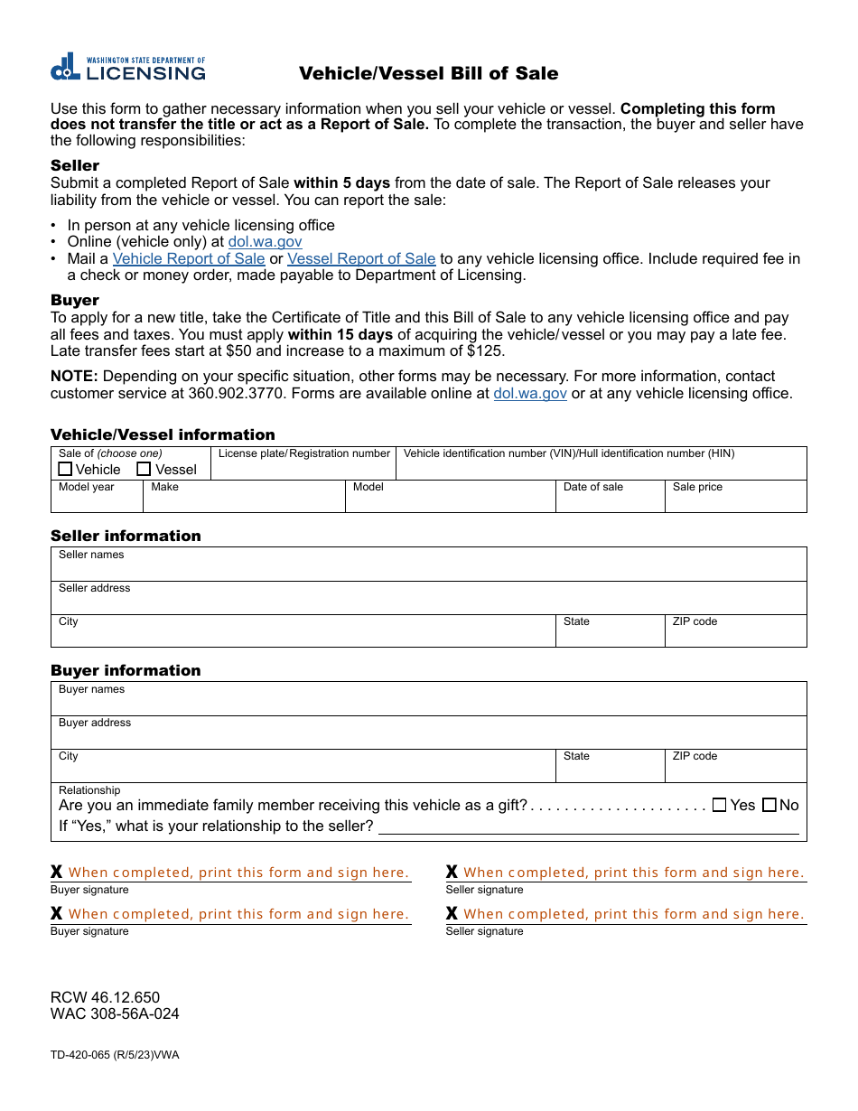 Form TD-420-065 Download Fillable PDF or Fill Online Vehicle/Vessel ...