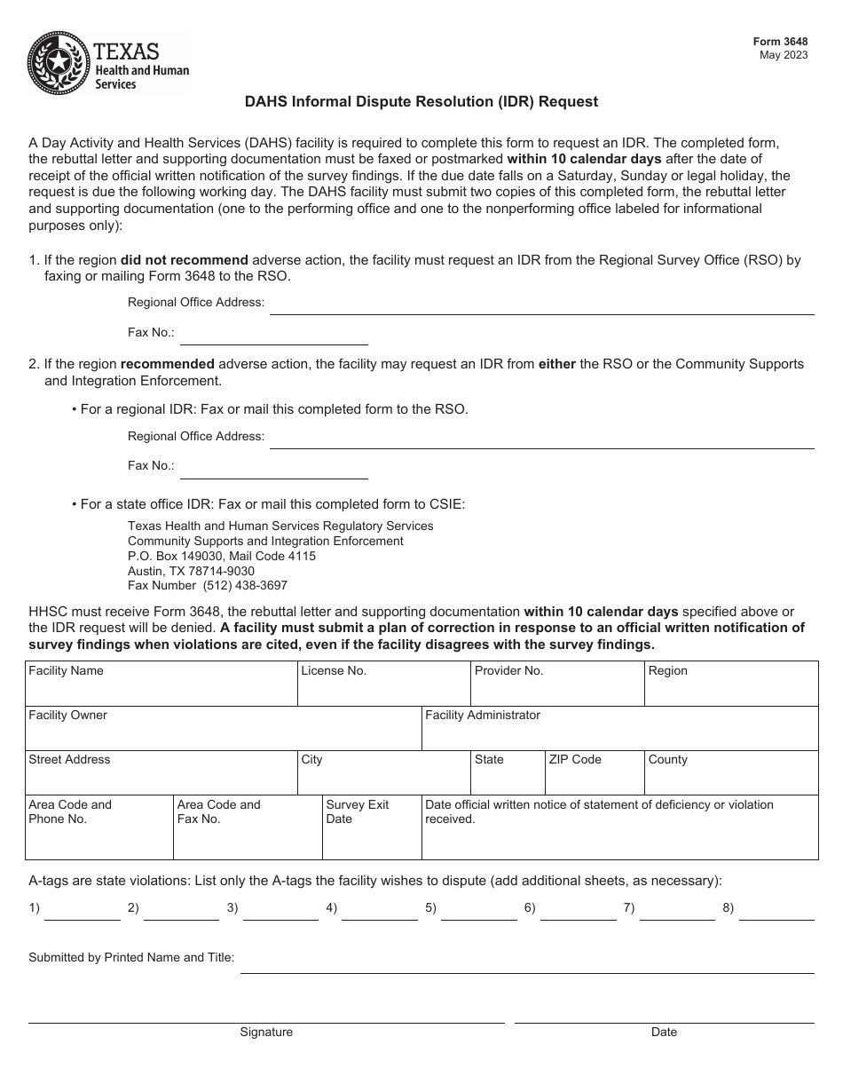 Form 3648 Download Fillable PDF or Fill Online Dahs Informal Dispute ...