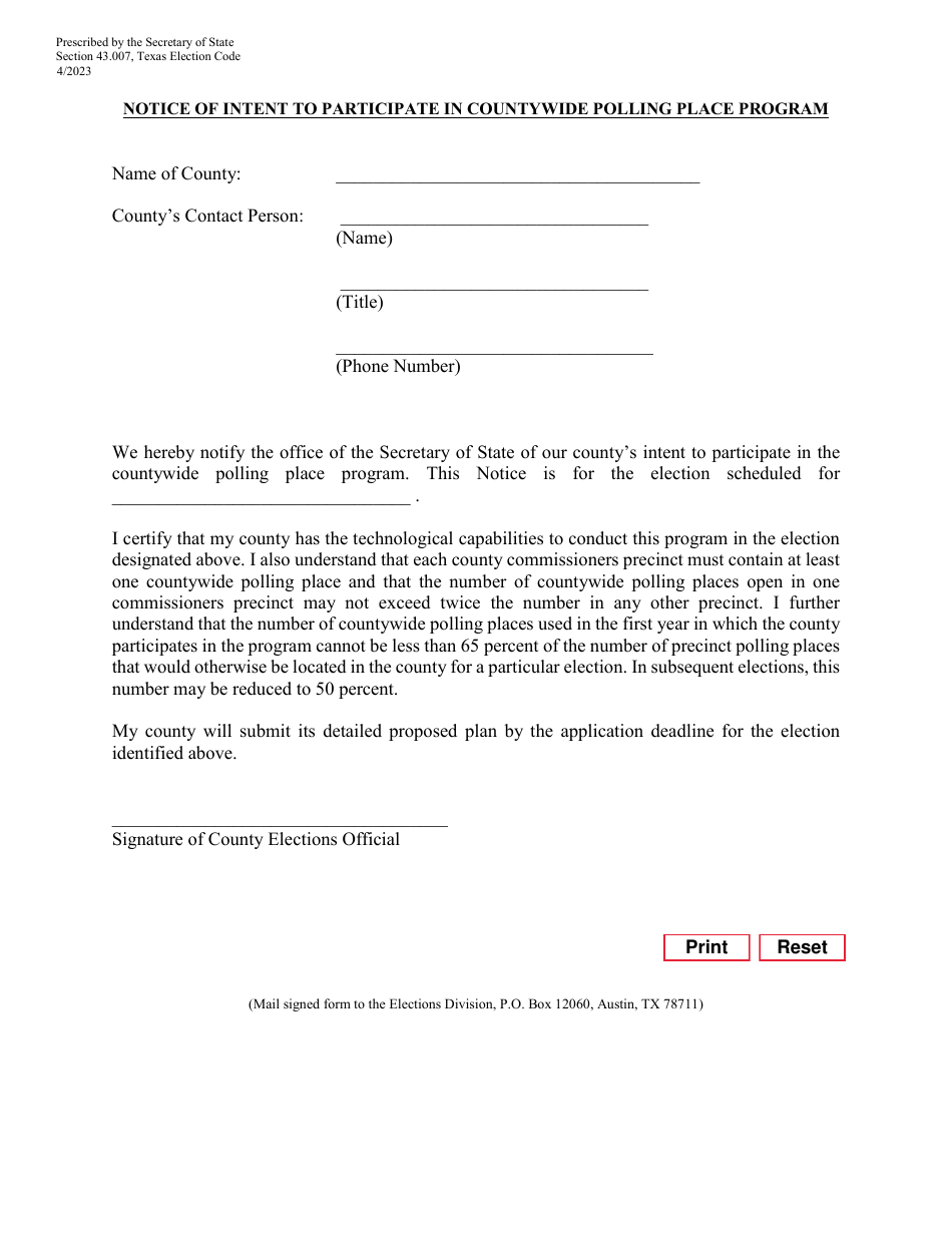 Texas Notice of Intent to Participate in Countywide Polling Place ...