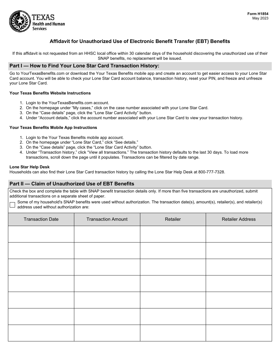 Form H1854 - Fill Out, Sign Online and Download Fillable PDF, Texas ...