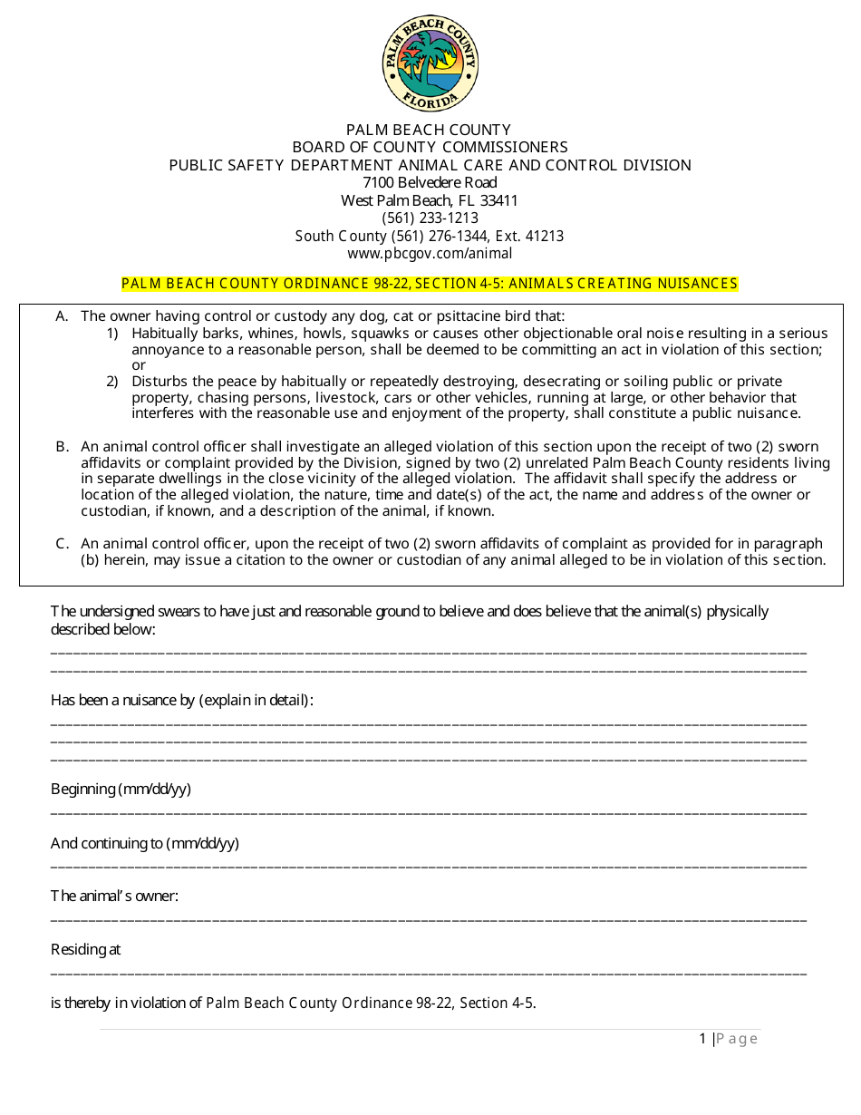 Palm Beach County, Florida Nuisance Affidavit - Fill Out, Sign Online ...
