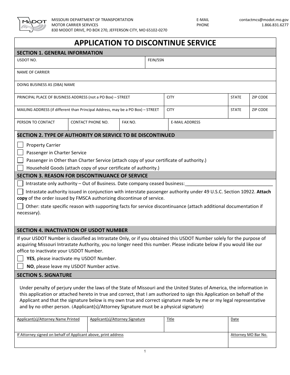 Missouri Application to Discontinue Service - Fill Out, Sign Online and Download PDF ...