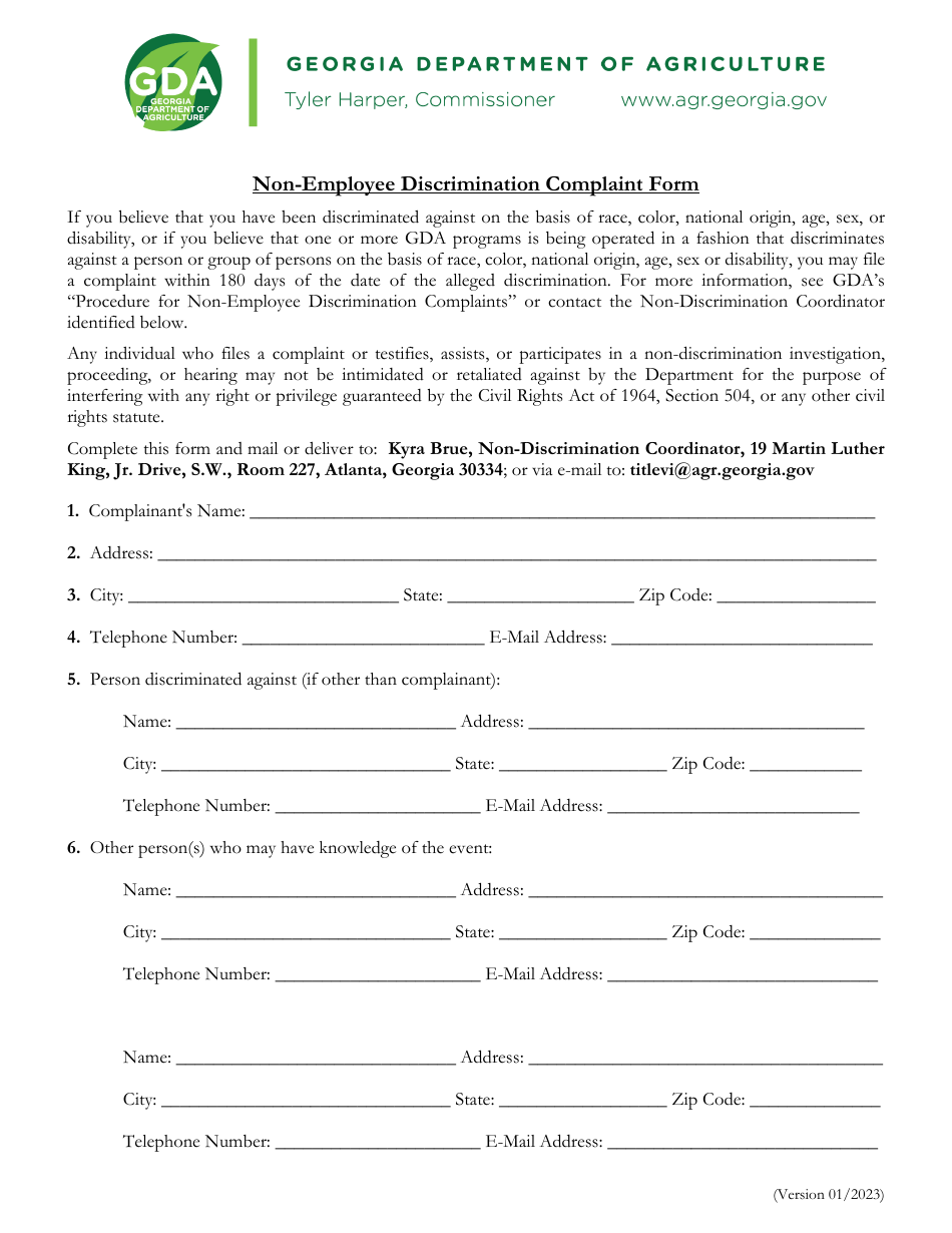 Georgia (United States) Non-employee Discrimination Complaint Form ...
