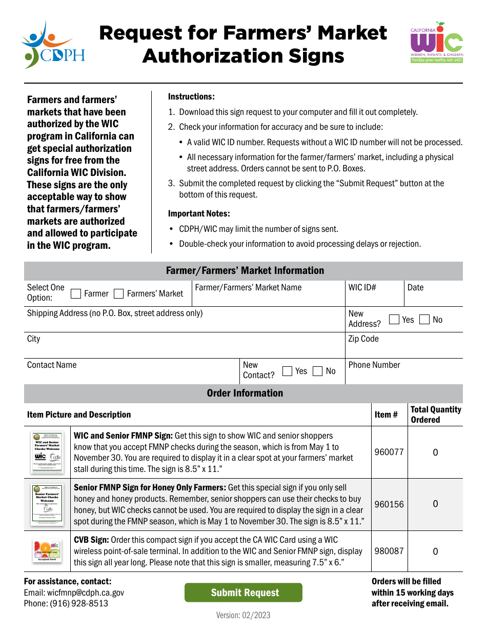 California Request for Farmers' Market Authorization Signs - Fill Out ...