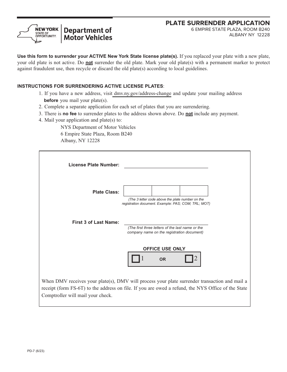 Form PD-7 Download Fillable PDF or Fill Online Plate Surrender ...